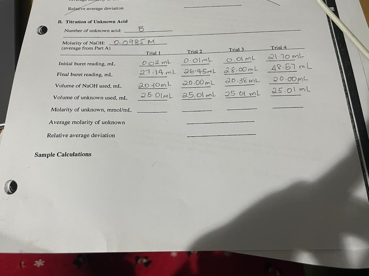 Solved Relative average deviation B. Titration of Unknown | Chegg.com
