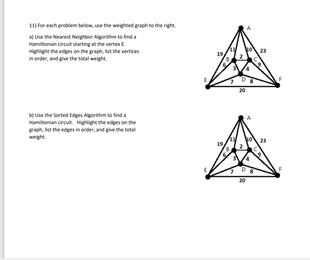 Solved 11) For each problem below, use the weighted graph to | Chegg.com