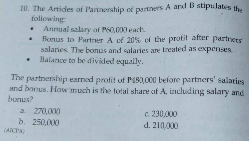 Solved 10. The Articles of Partnership of partners A and B | Chegg.com
