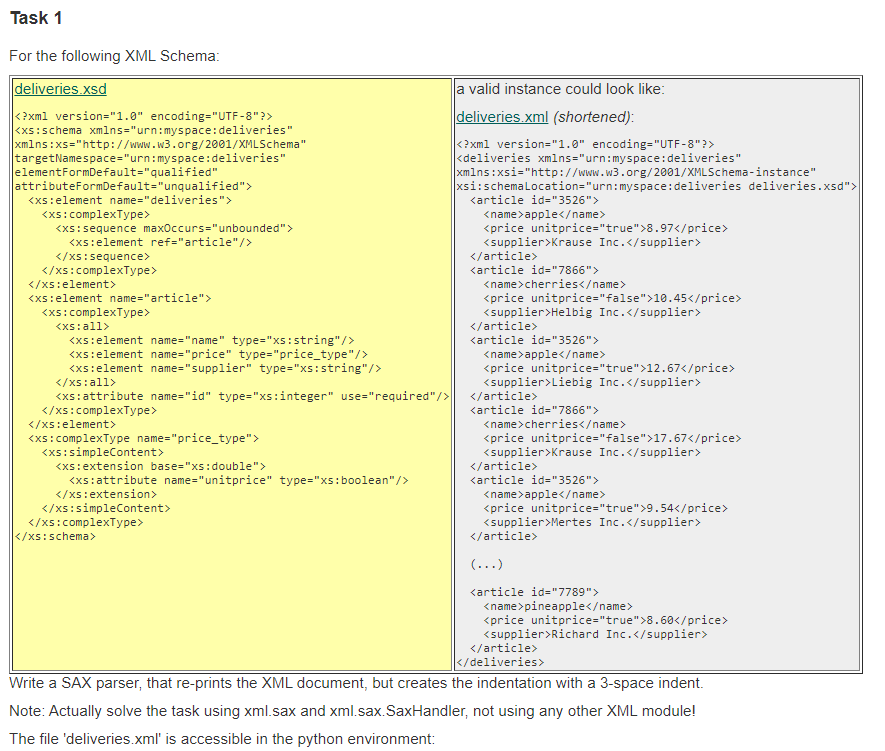Task 1 For the following XML Schema: deliveries.xsd a | Chegg.com