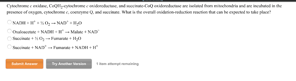 Solved Cytochrome c oxidase, CoQH2-cytochrome c | Chegg.com