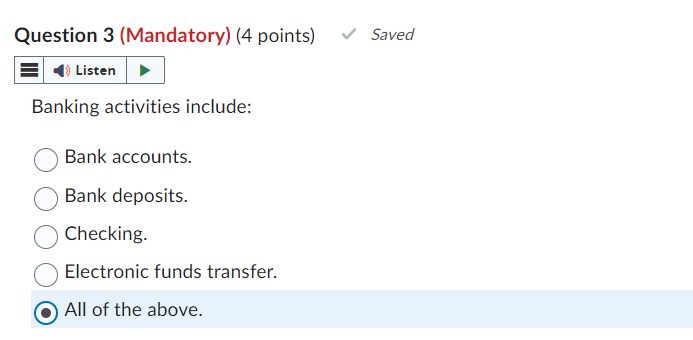 Solved Banking activities include: Bank accounts. Bank | Chegg.com
