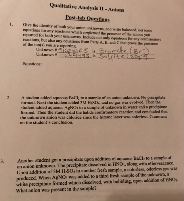 Solved Qualitative Analysis II - Anions Post-lab Questions | Chegg.com