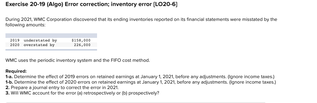 Solved Exercise 20-19 (Algo) Error correction; inventory | Chegg.com