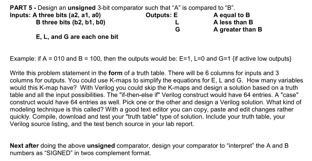 PART 5 - Design an unsigned 3-bit comparator such | Chegg.com