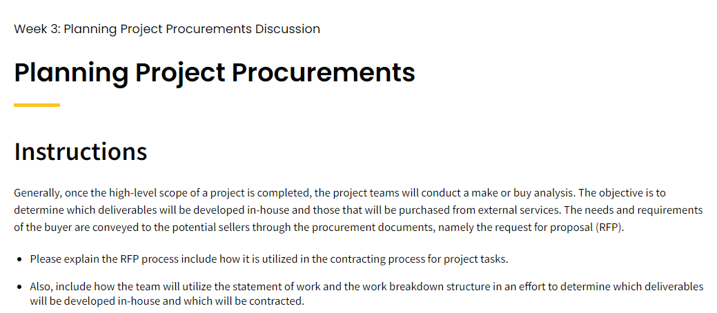 Solved Week 3: Planning Project Procurements Discussion | Chegg.com