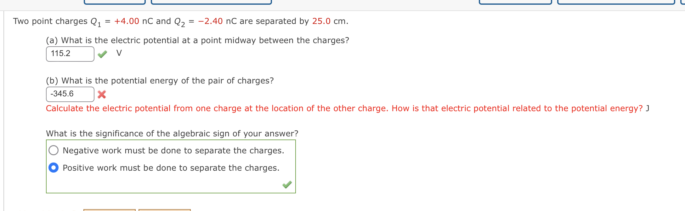 Solved Two point charges Q1=+4.00nC and Q2=−2.40nC are | Chegg.com