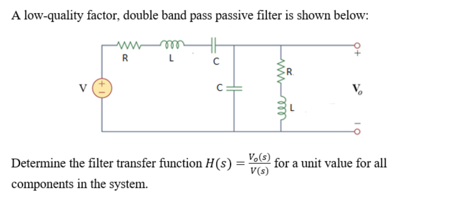 Solved A low-quality factor, double band pass passive filter | Chegg.com