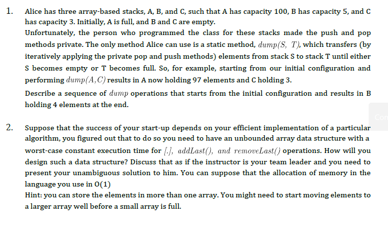 Solved 1. Alice has three array-based stacks, A, B, and C, | Chegg.com