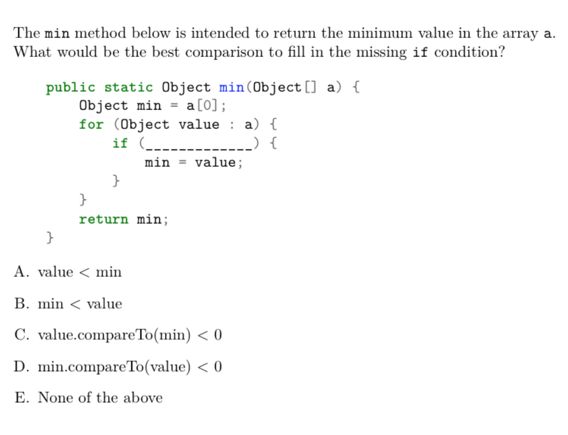 Solved The min method below is intended to return the | Chegg.com