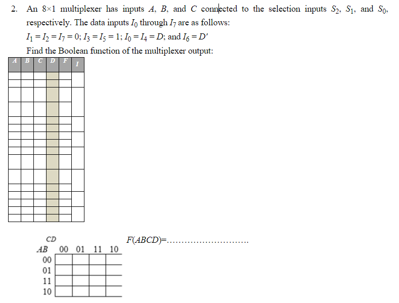 Solved 2. An 8x1 multiplexer has inputs A, B, and C | Chegg.com