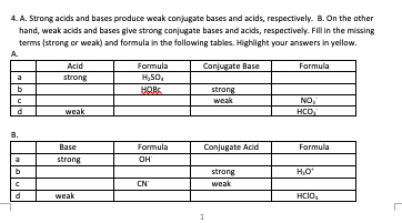 Solved 4. A. Strong acids and bases produce weak conjugate | Chegg.com