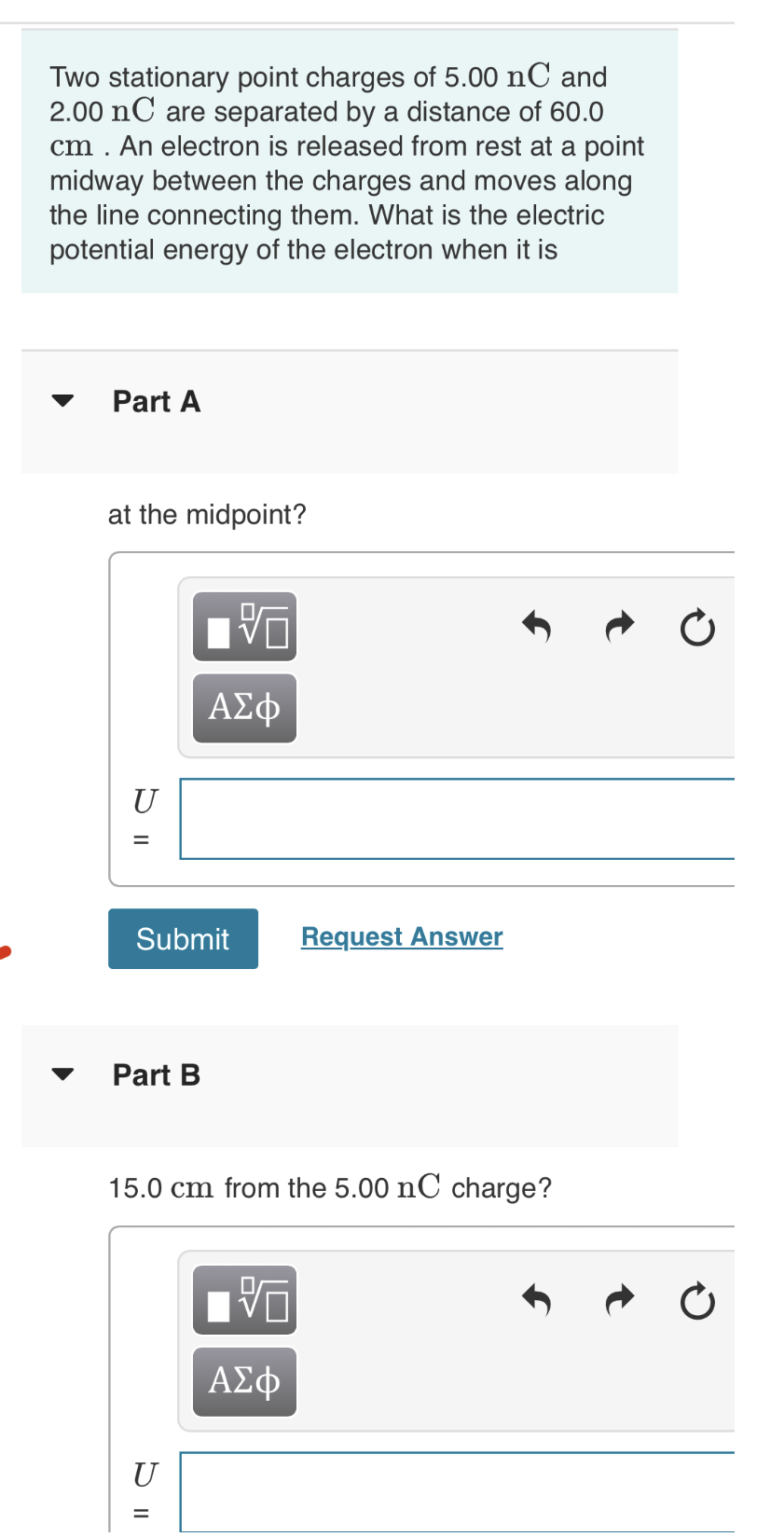 Solved Two stationary point charges of 5.00nC and 2.00nC are | Chegg.com