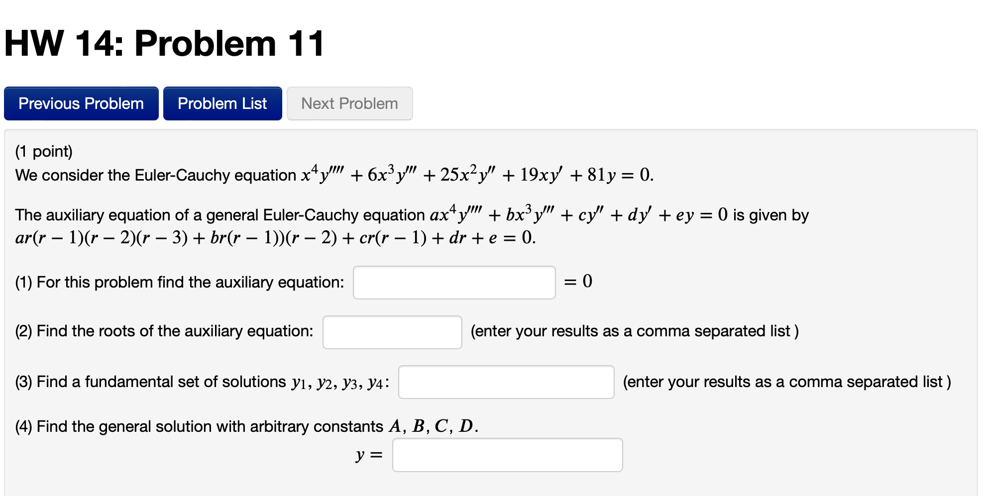 Solved (1 point) We consider the Euler-Cauchy equation | Chegg.com