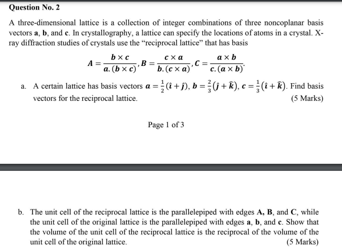 Solved Question No. 2(a) ﻿A three-dimensional lattice is a | Chegg.com