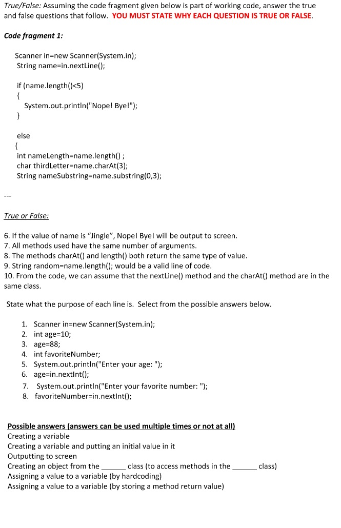 Solved Vocab: Assume for each question the code fragment | Chegg.com