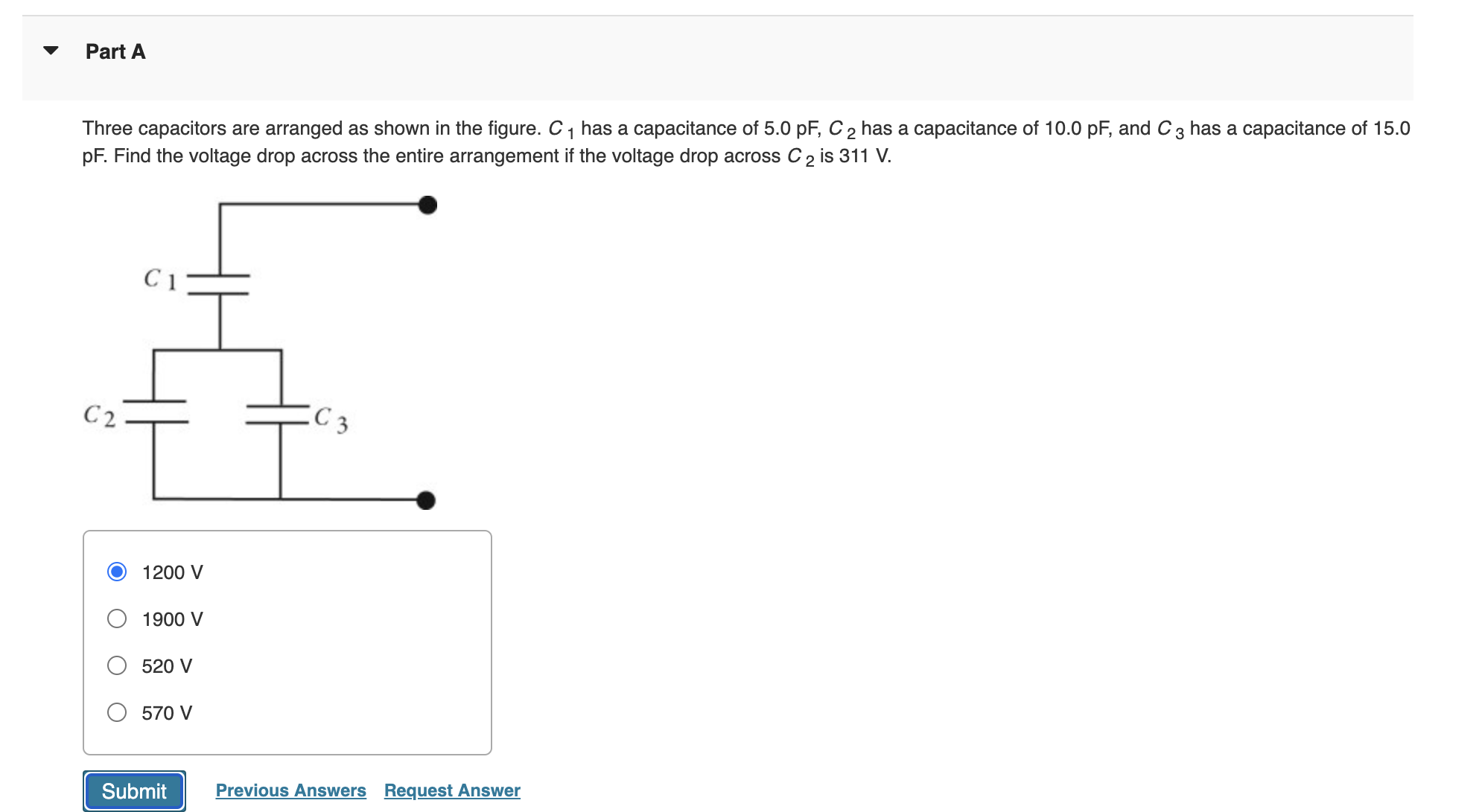 Solved HW 4 Q8 C1=5.0pFC2=10.0PFC3=15.0PF Find voltage drop | Chegg.com