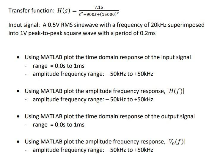 Transfer function: H(s)=s2+900s+(15000)27.15 Input | Chegg.com