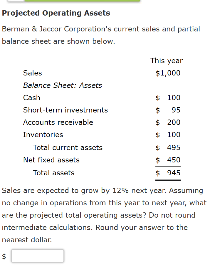 Solved Projected Operating Assets Berman \& Jaccor | Chegg.com