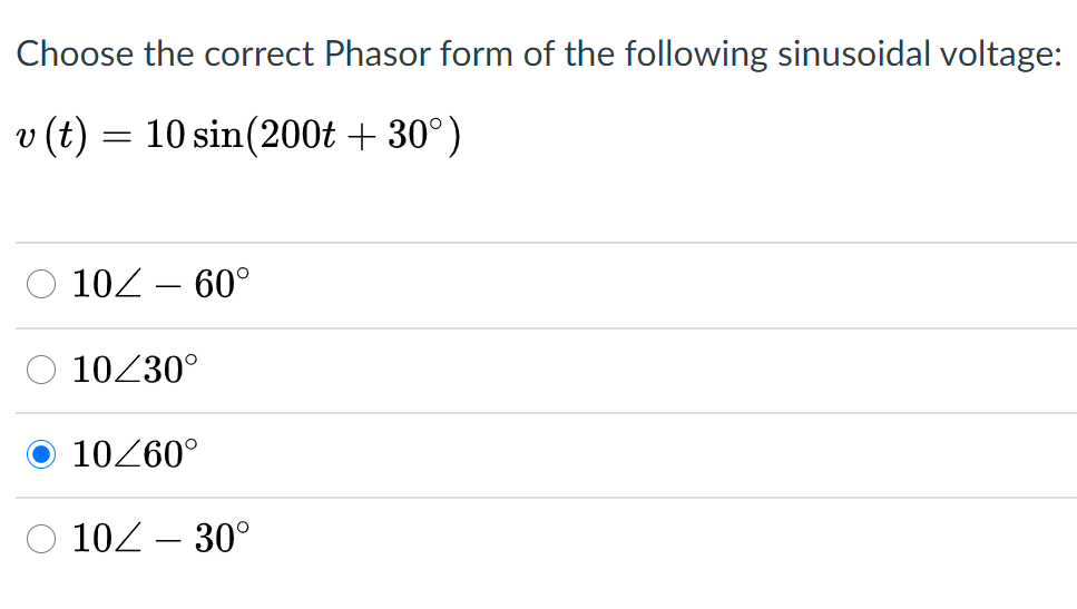 Solved Choose the correct Phasor form of the following | Chegg.com