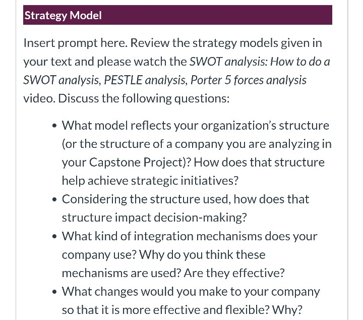 Strategy Model Insert prompt here. Review the | Chegg.com