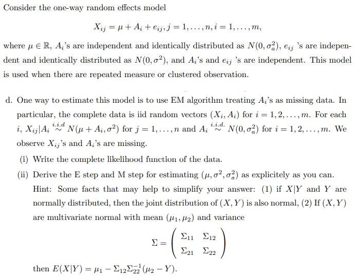 Consider the one-way random effects model Xij = x + | Chegg.com