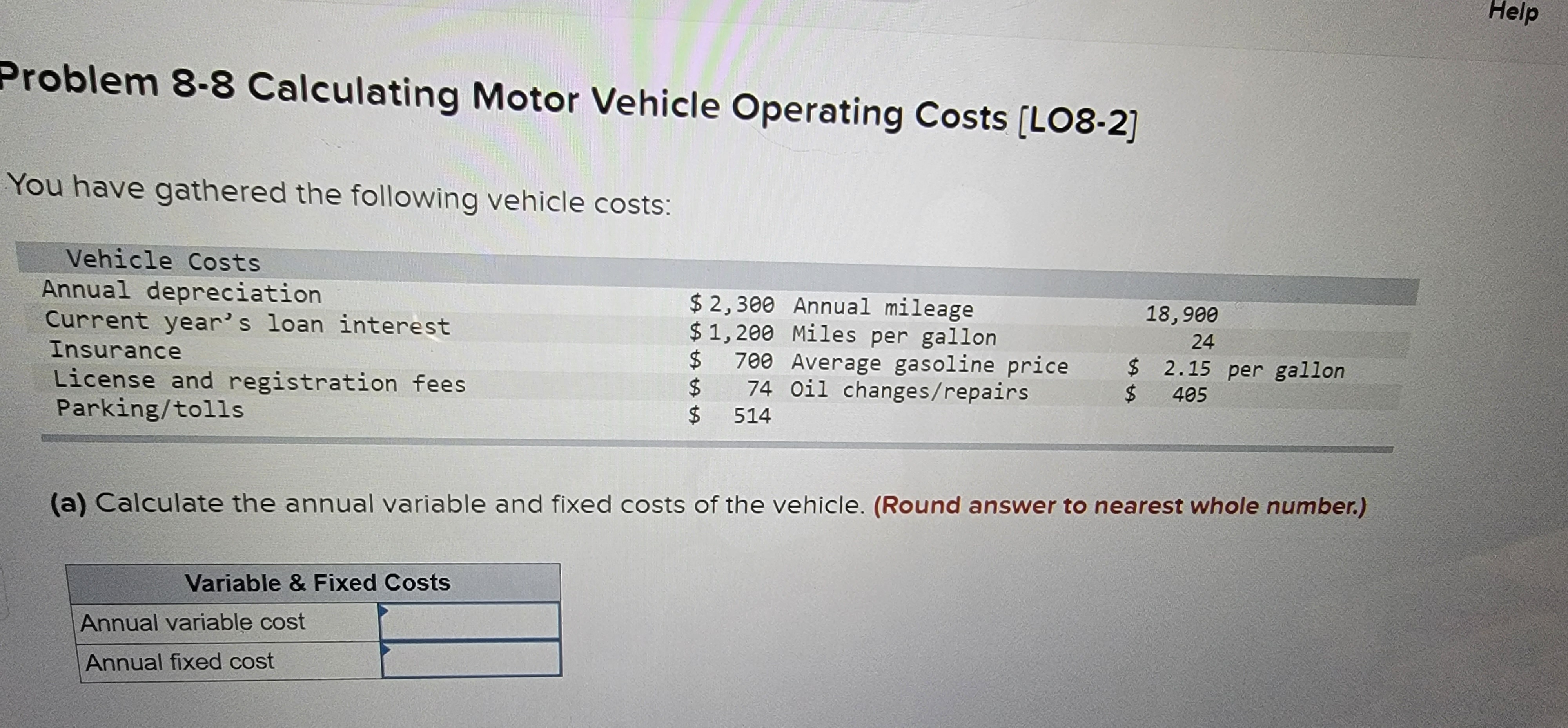 Problem 8-8 Calculating Motor Vehicle Operating Costs | Chegg.com