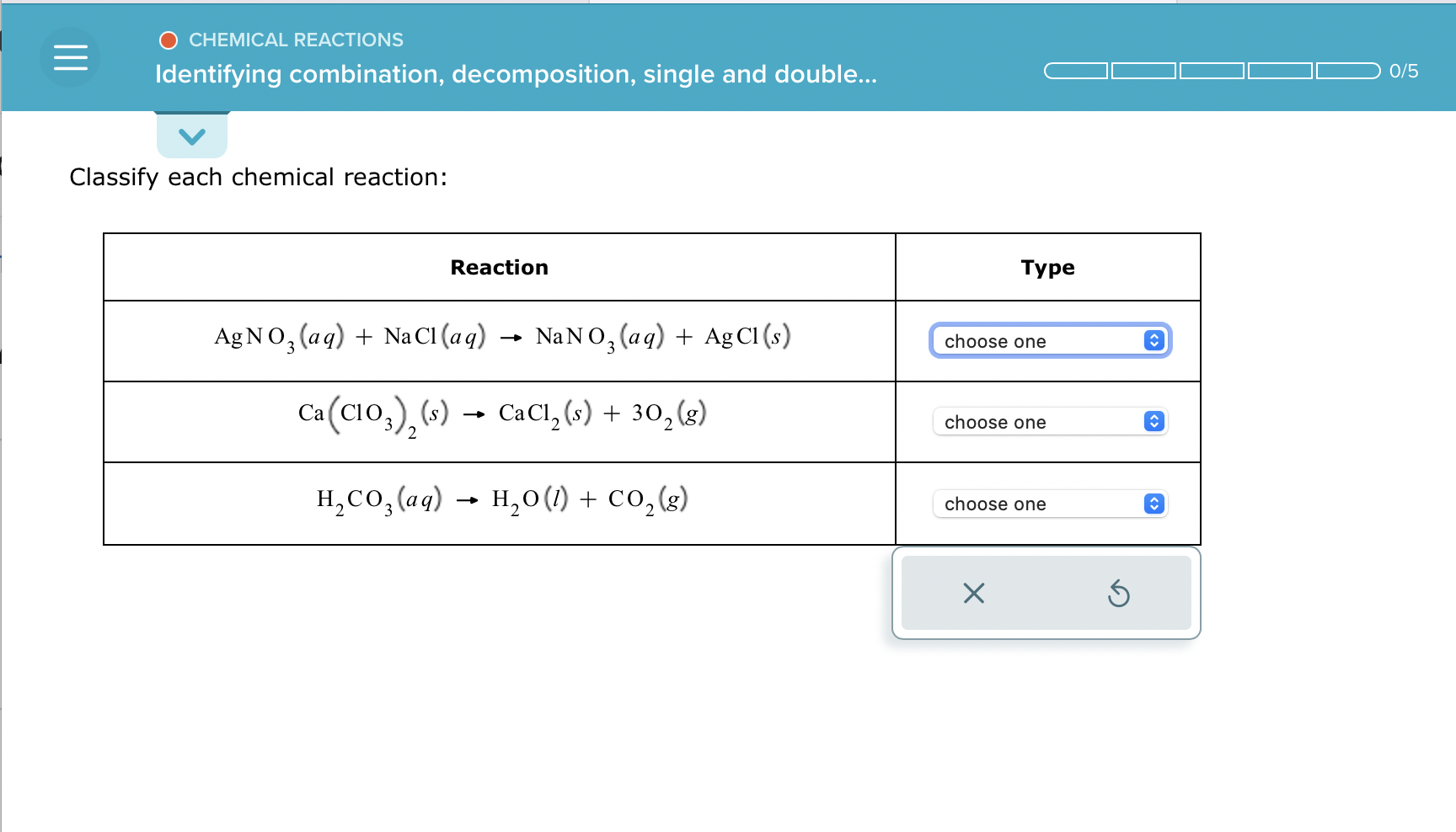 Solved Classify each chemical reaction: | Chegg.com