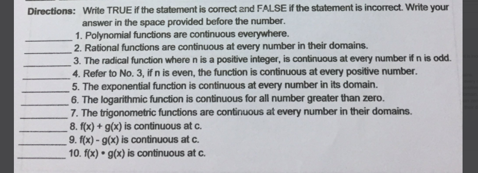 Solved Directions: Write TRUE if the statement is correct | Chegg.com