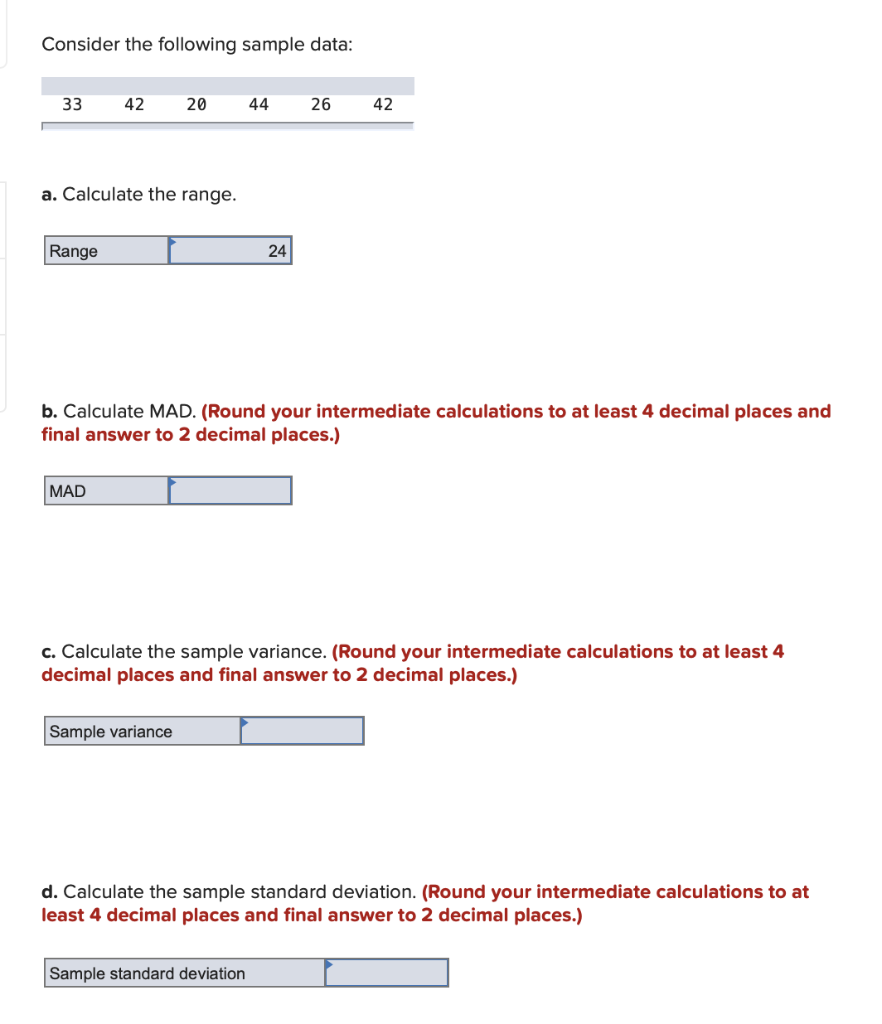 Solved Consider the following sample data: 33 42 20 44 26 42 | Chegg.com