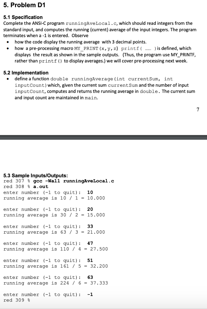 Solved 5. Problem D1 5.1 Specification Complete the ANSI-C | Chegg.com