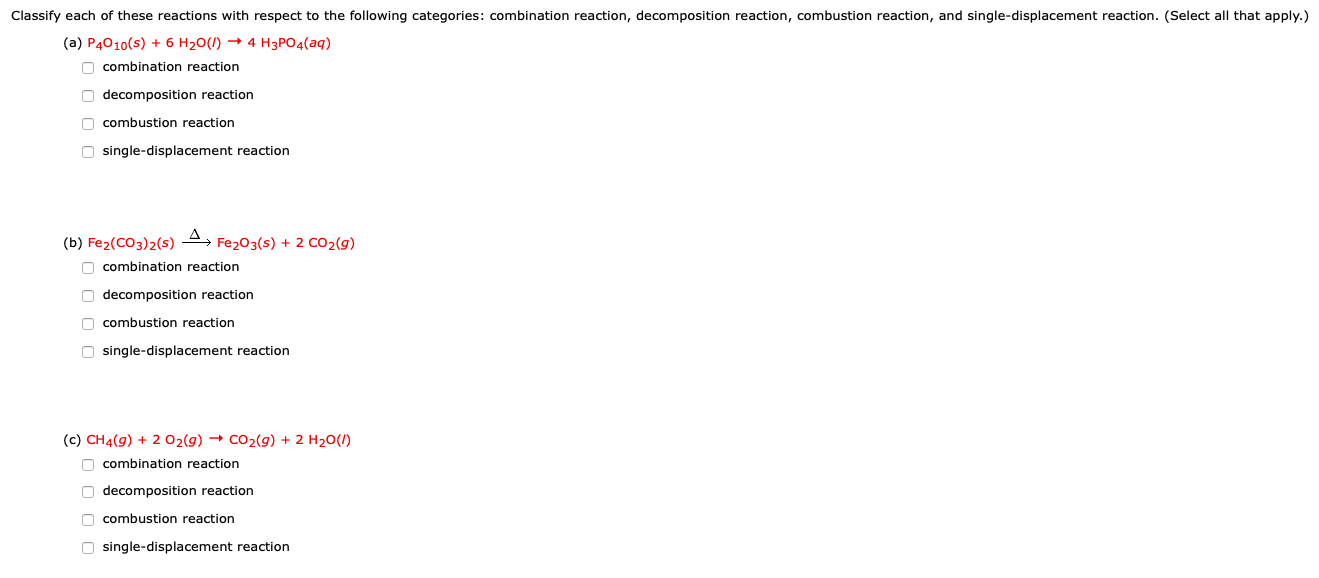 Solved Classify each of these reactions with respect to the | Chegg.com