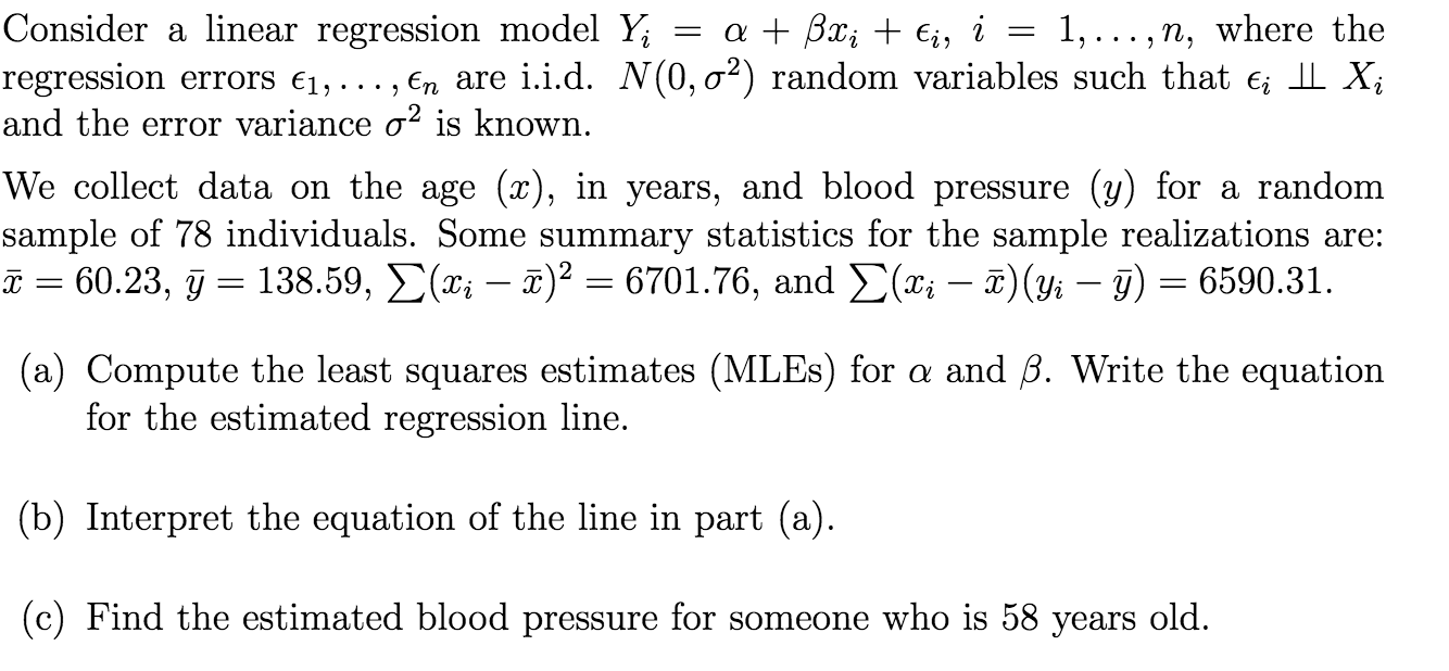 Solved = Consider a linear regression model Yı a + Bxi + Ei, | Chegg.com