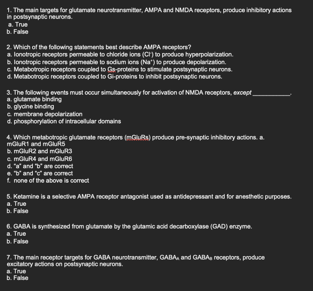 Solved 1. The main targets for glutamate neurotransmitter, | Chegg.com