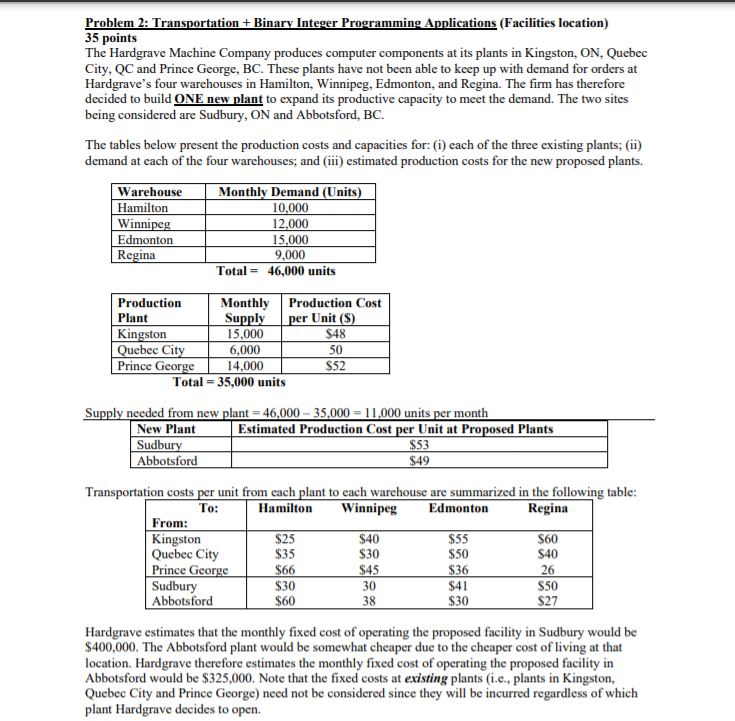 Solved Problem 2: Transportation + Binary Integer | Chegg.com