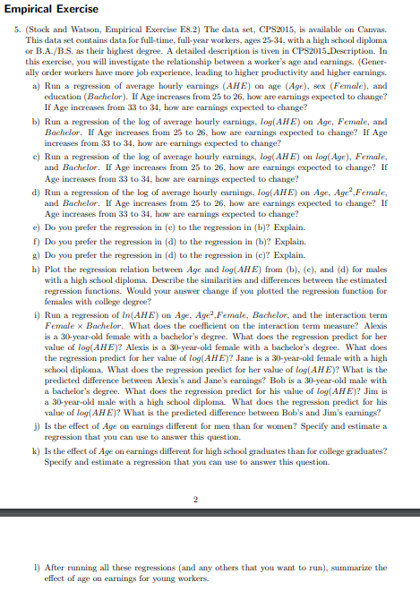 (Stock and Watson, Empirical Exercise E8.2) The data | Chegg.com