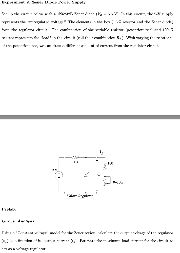 Solved Experiment 2: Zener Diode Power Supply Set up the | Chegg.com