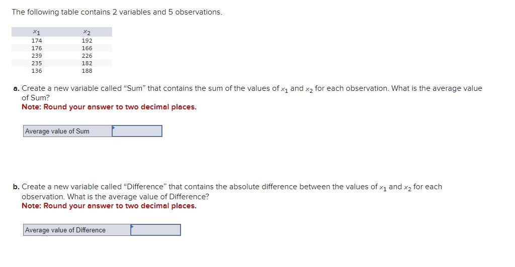 Solved The following table contains 2 variables and 5 | Chegg.com