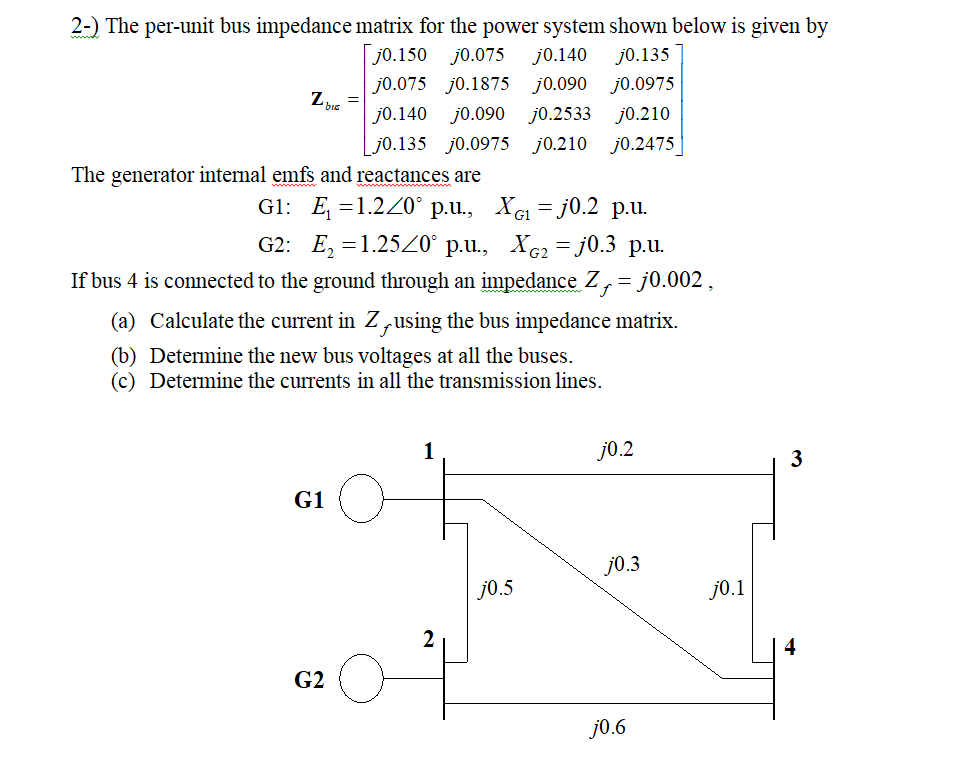 Solved 2-) The per-unit bus impedance matrix for the power | Chegg.com