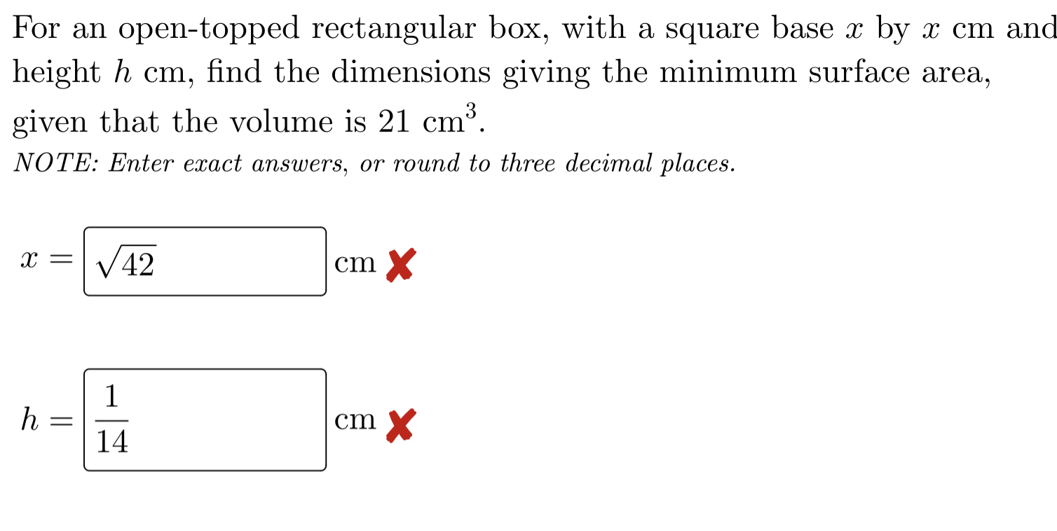 Solved For an open-topped rectangular box, with a square | Chegg.com