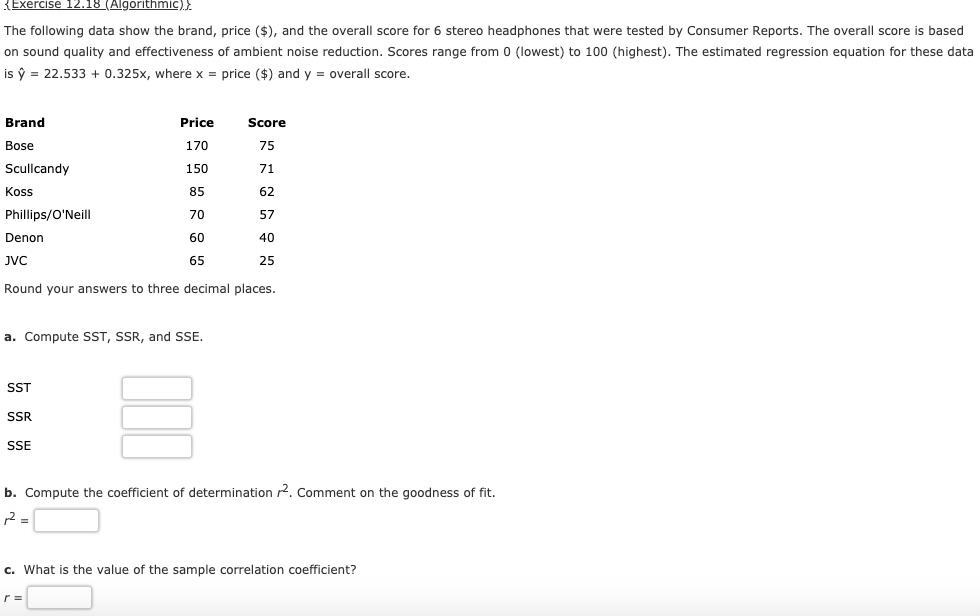 Solved Exercise 12.18 Algorithmic). The following data show | Chegg.com