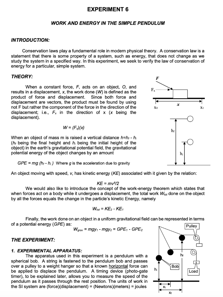 Solved WORK AND ENERGY IN THE SIMPLE PENDULUM INTRODUCTION: | Chegg.com