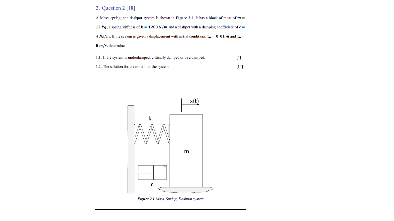 Solved 2. Question 2 [18] A Mass, spring, and dashpot system | Chegg.com