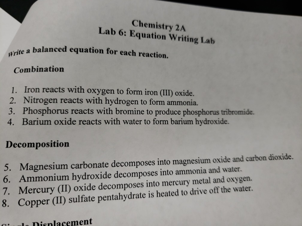Solved Chemistry 2A Lab 6: Equation Writing Lab a balanced | Chegg.com