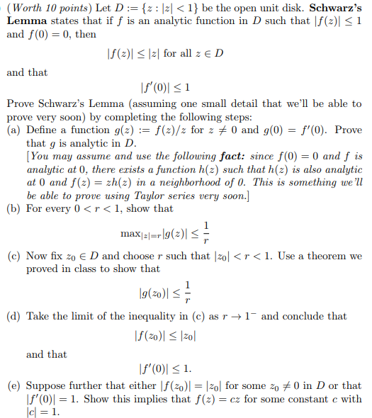 Solved ( Worth 10 points) Let D := {z : Iz!