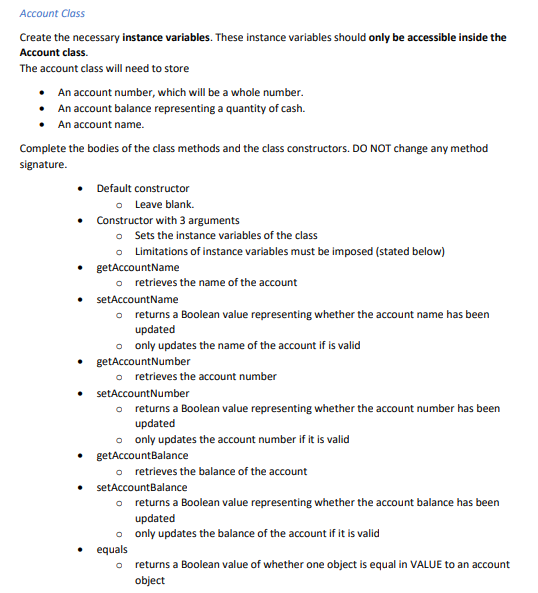 Solved Account Class Create the necessary instance | Chegg.com