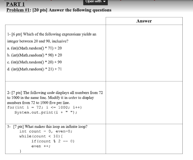 Solved PART 1 Open with Problem #1: (20 pts) Answer the | Chegg.com