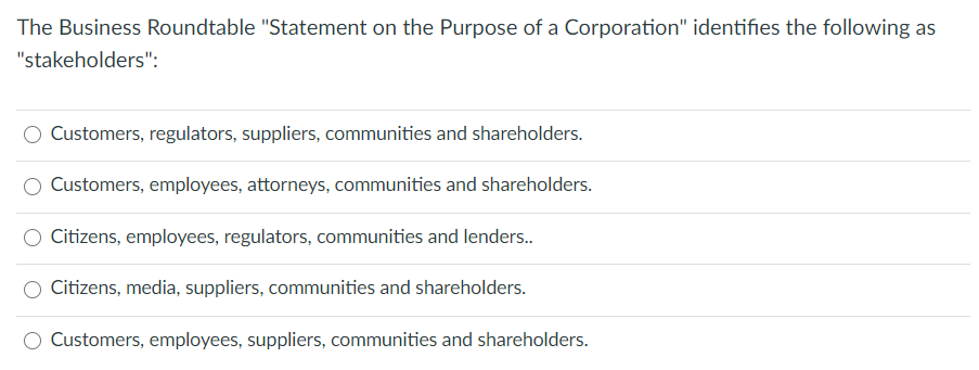 Solved The Business Roundtable "Statement on the Purpose of | Chegg.com