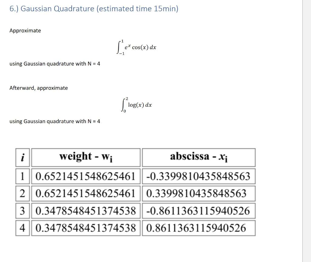 Solved 6.) Gaussian Quadrature (estimated time 15min) | Chegg.com