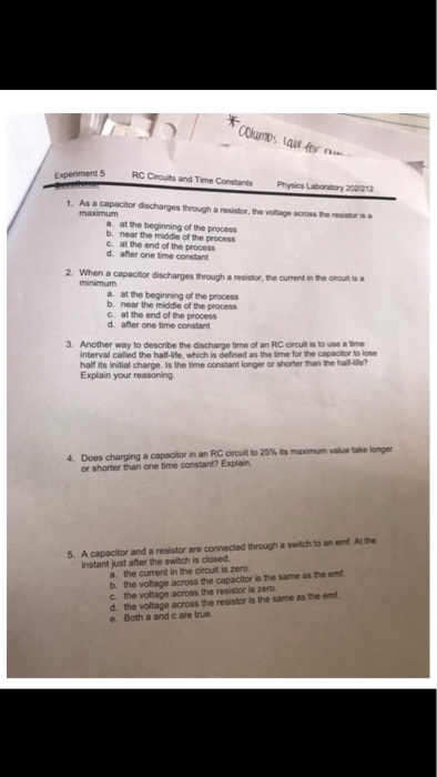 Solved Experiment 5 RC Circuits and Time ConstantsPhysics | Chegg.com
